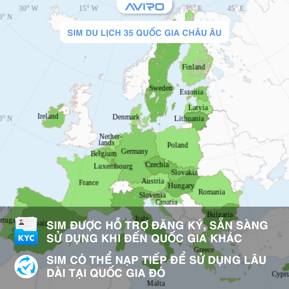 35 European countries – Aviro eSIM/ SIM Du Lịch